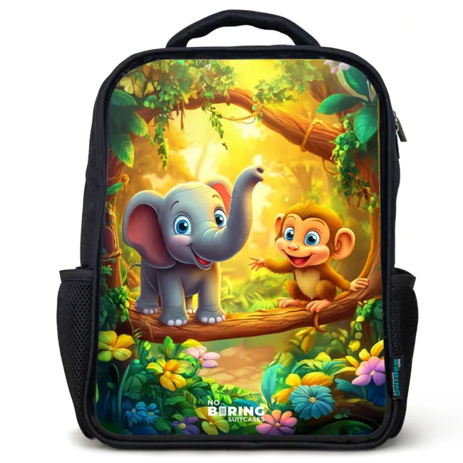 Kids backpack Elephant and monkey in colorful jungle | Water-resistant ...