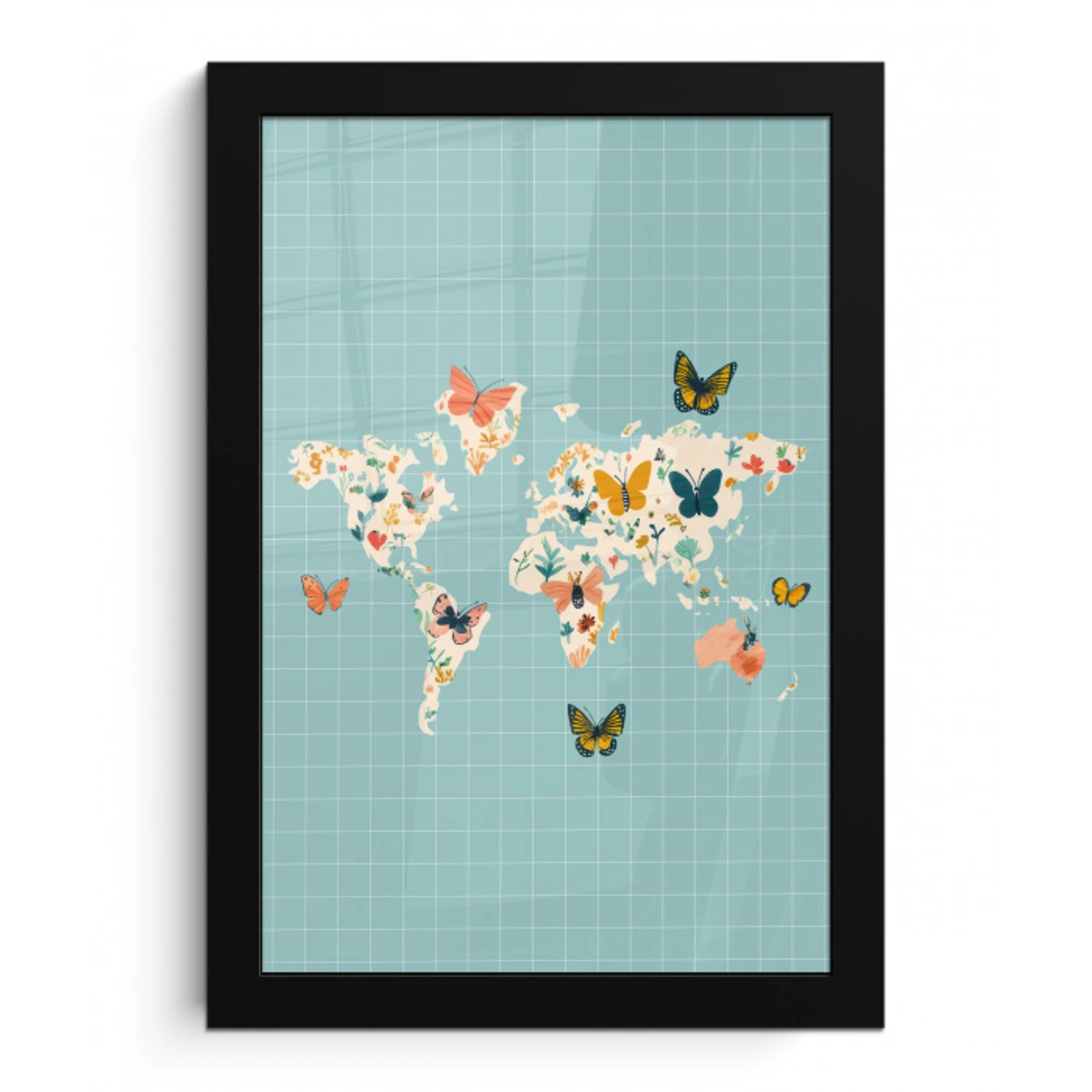 Poster met lijst - Wereldkaart - Vlinders - Dromerig - Bestel nu ...