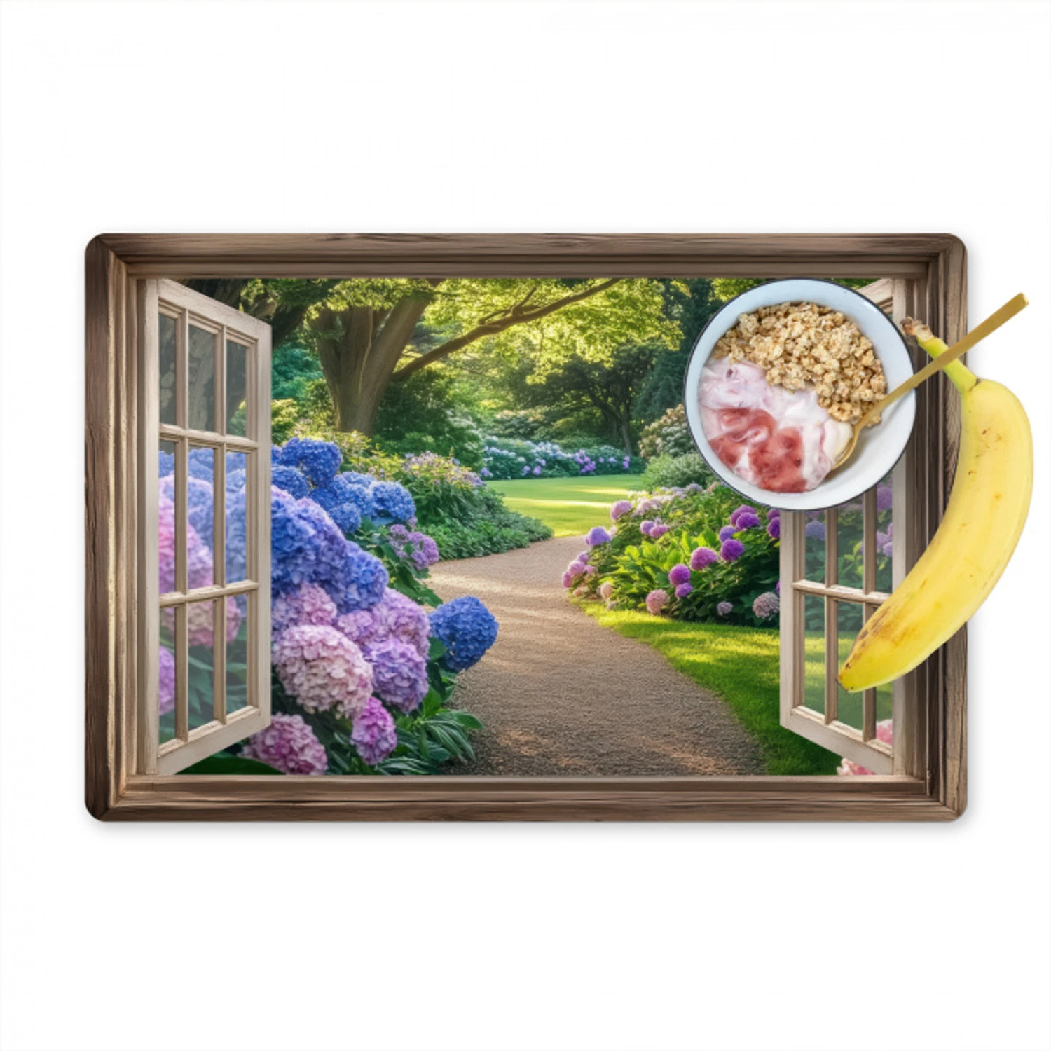 Placemat - Doorkijk - Tuin - Raam - Hortensia - Bloemen - Fotocadeau.nl