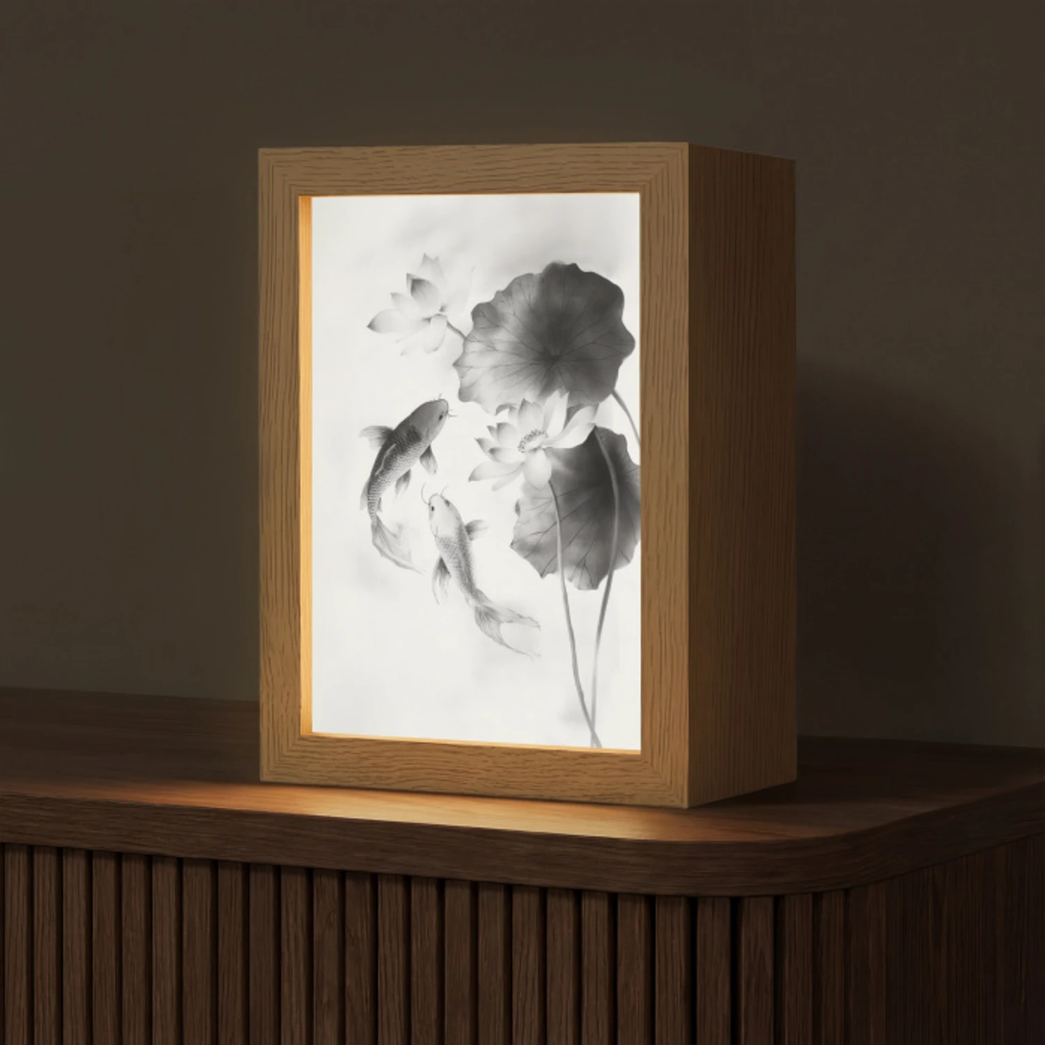 Lampe de table- Fleurs de lotus - Poissons - Feuilles - Noir | HelloDeco.fr