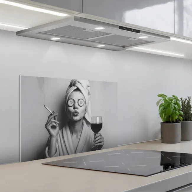 Spatscherm keuken - Vrouw - Masker - Wijn - Sigaret - Bestel nu ...