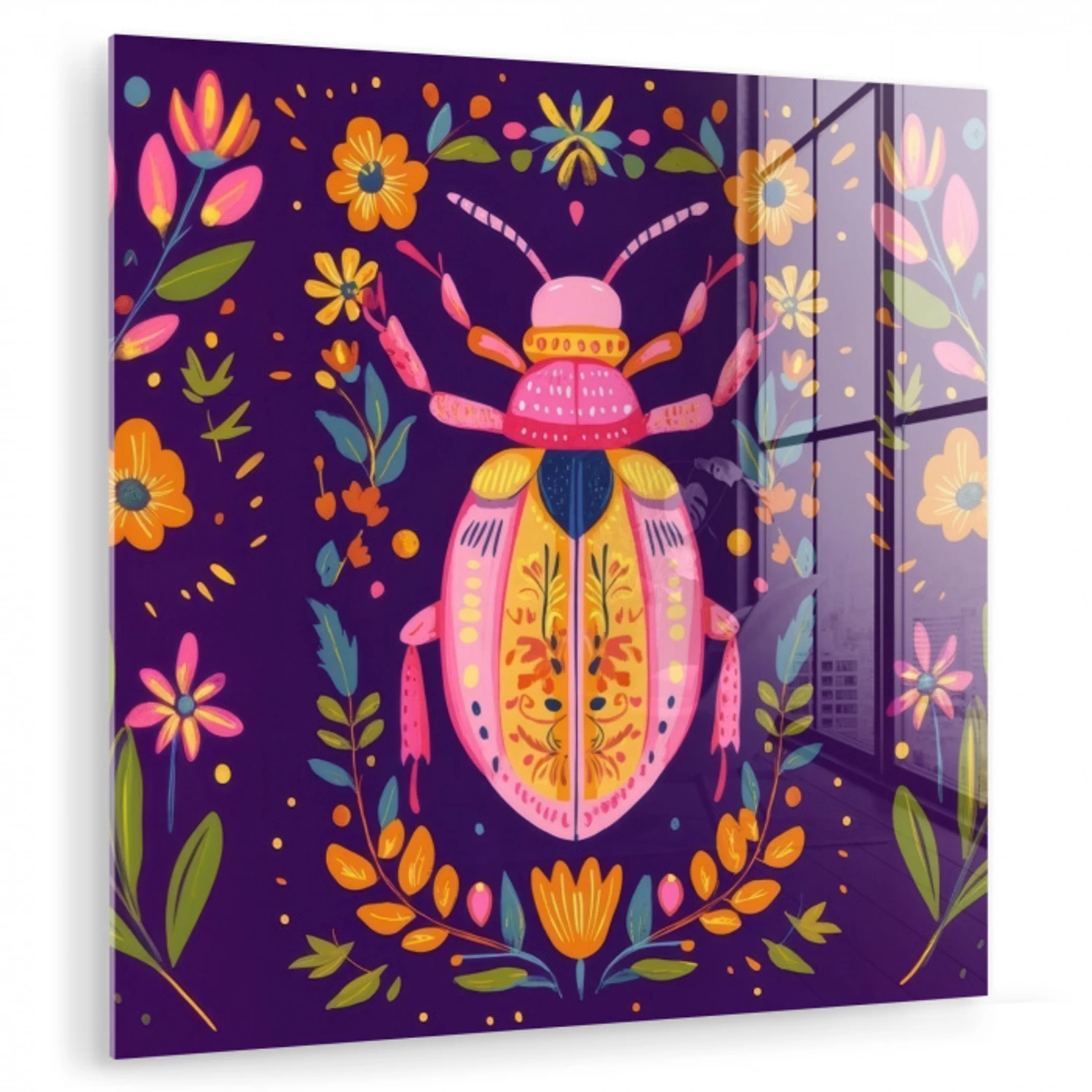 Tableau en verre – Coléoptère - Couleurs vives - Fleurs - Feuilles ...